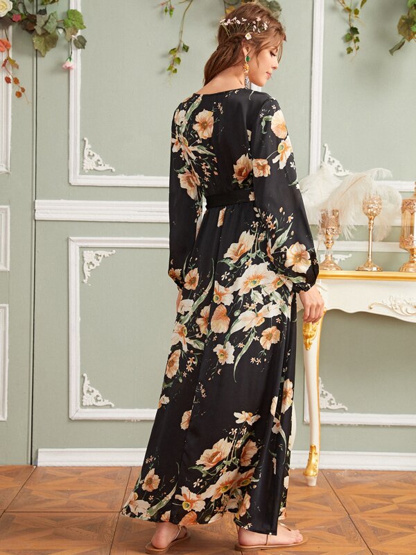 SHEIN Mulvari Floral Print Self Belted Balloon Sleeve Wrap Dress | SHEIN USA