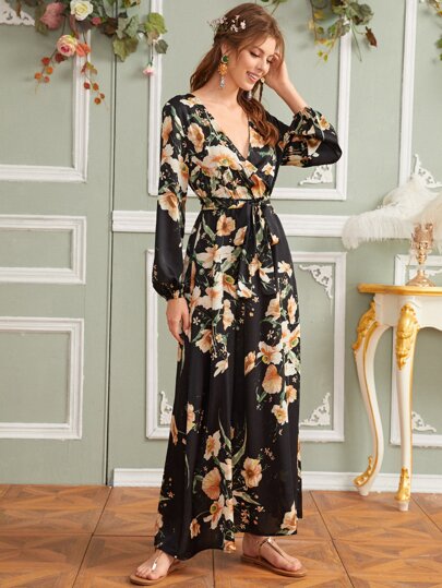 SHEIN Mulvari Floral Print Self Belted Balloon Sleeve Wrap Dress | SHEIN USA