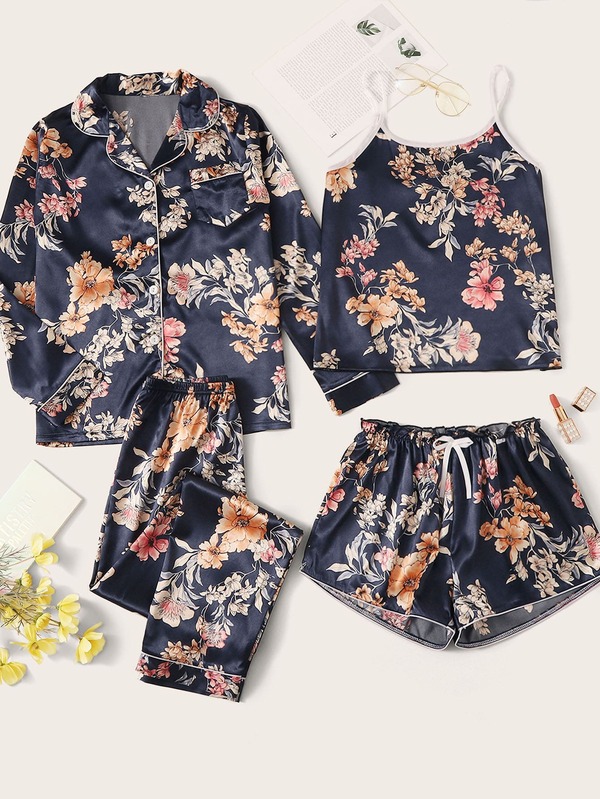 4pcs Floral Print Satin PJ Set | SHEIN USA