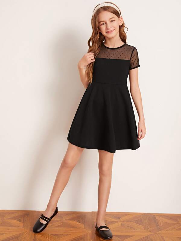 SHEIN Kids Nujoom Tween Girl Dobby Mesh Yoke Solid Dress | SHEIN USA