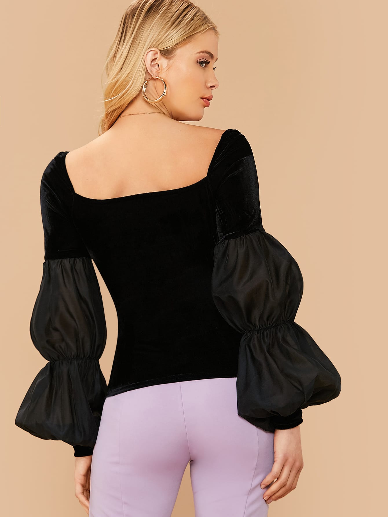 Organza Lantern Sleeve Velvet Top