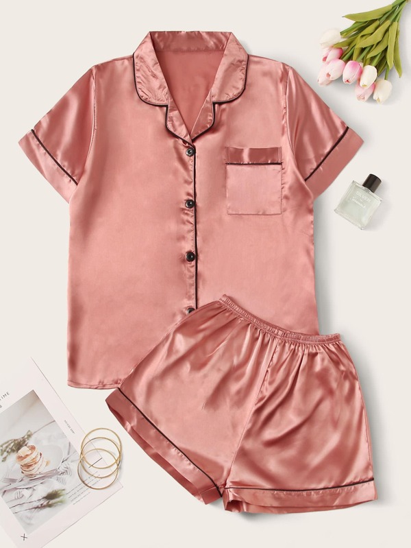 Contrast Binding Pocket Front Satin PJ Set | SHEIN USA