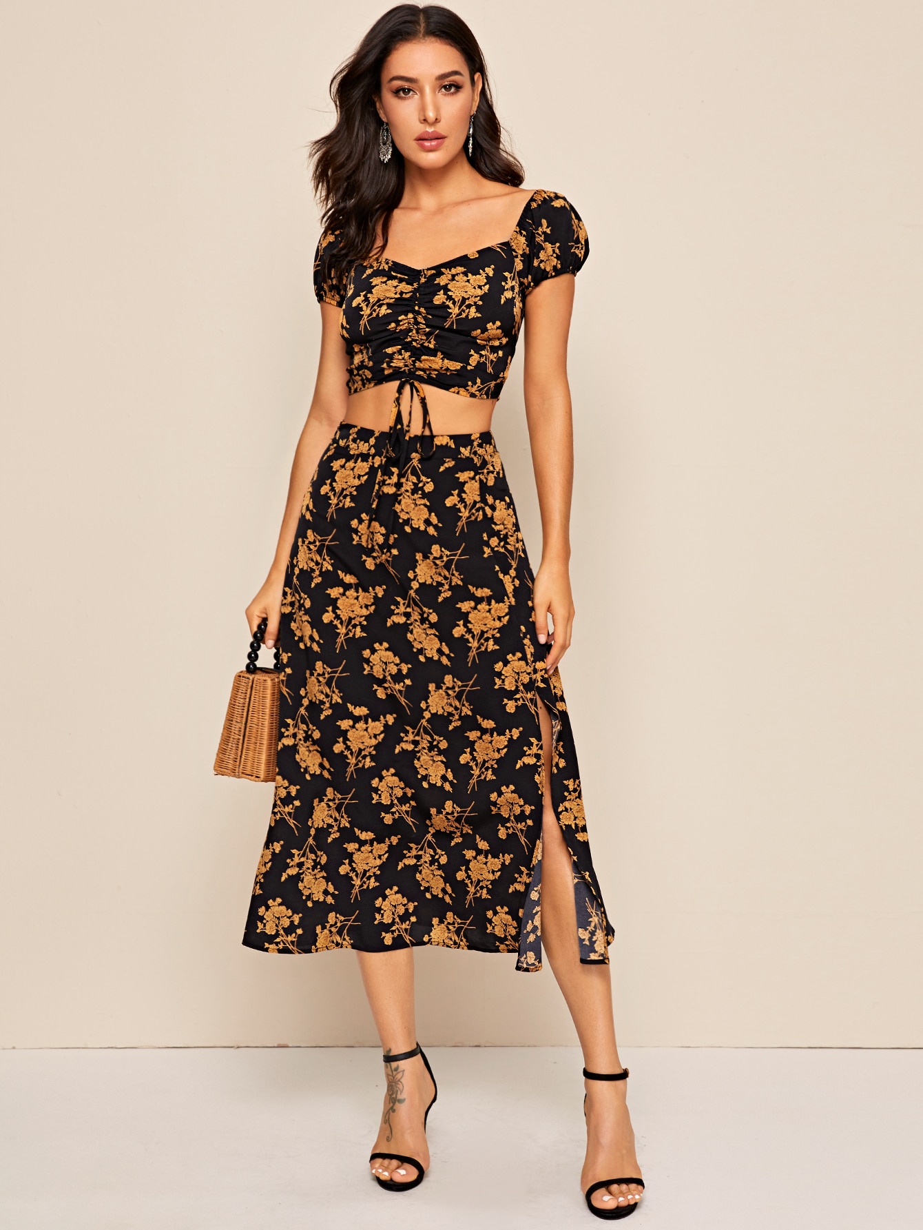 SHEIN Ruched Drawstring Front Floral Top & Slit Hem Skirt Set | SHEIN USA