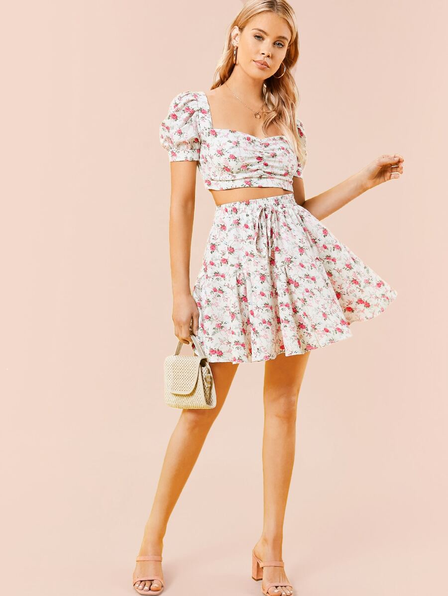 Shein Ruched Front Shirred Back Ditsy Floral Print Top And Skirt Set