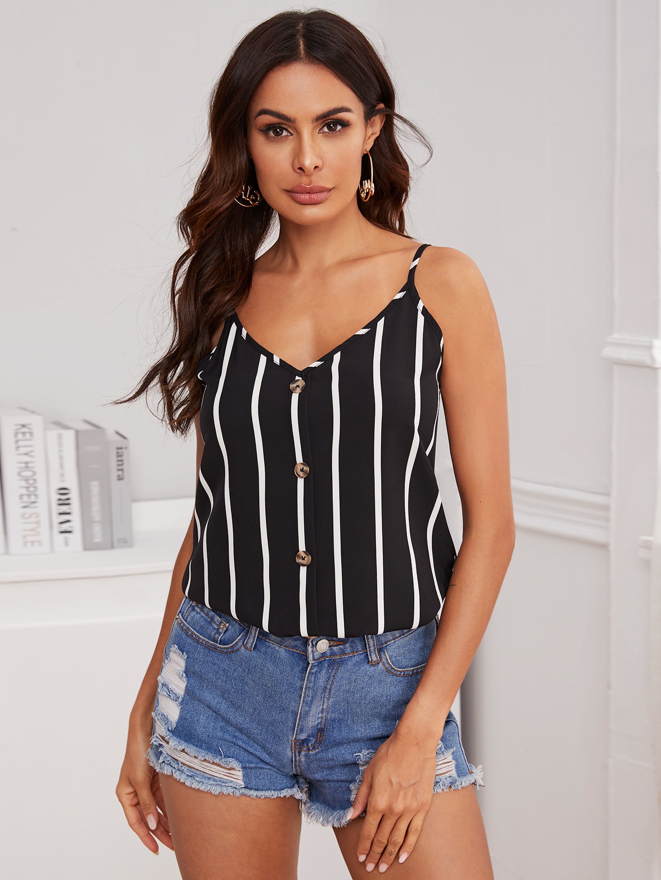 Button Front Striped Cami Top