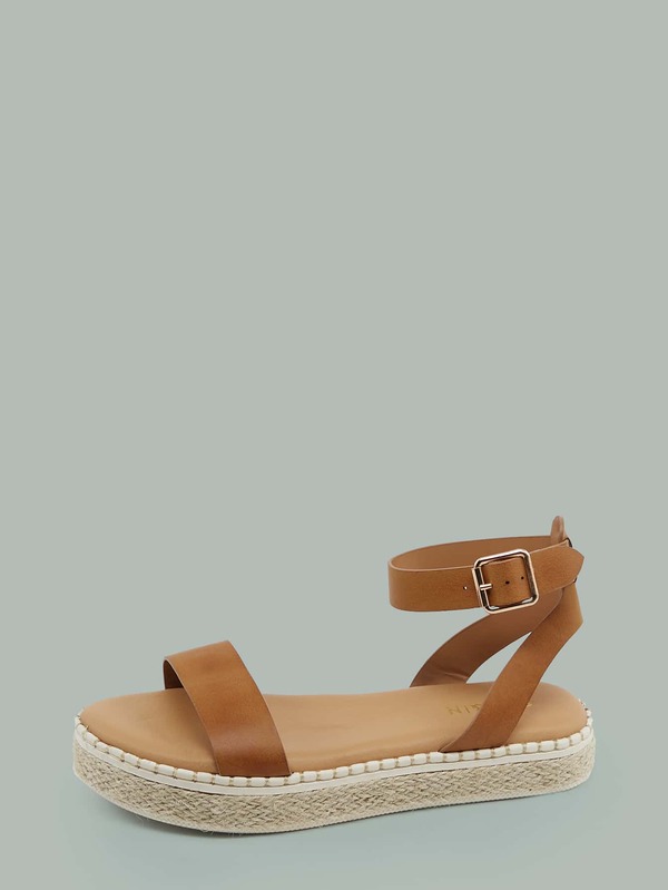 Open Toe Buckled Ankle Jute Trim Platform Sandals | SHEIN USA