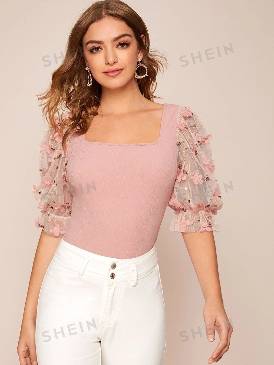 Shein Privé Square Neck Appliques Mesh Sleeve Top Shein