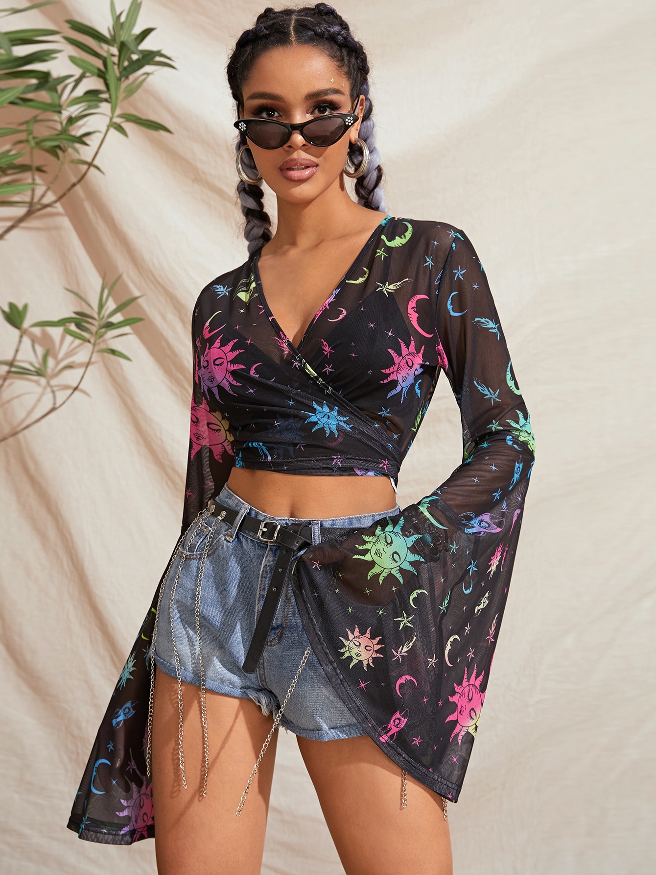 Flare Sleeve Galaxy Print Wrap Mesh Top