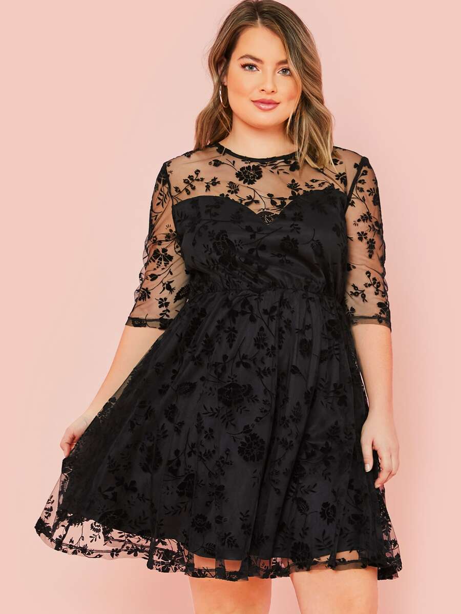 SHEIN Plus Floral Flocked Mesh Overlay Dress | SHEIN USA