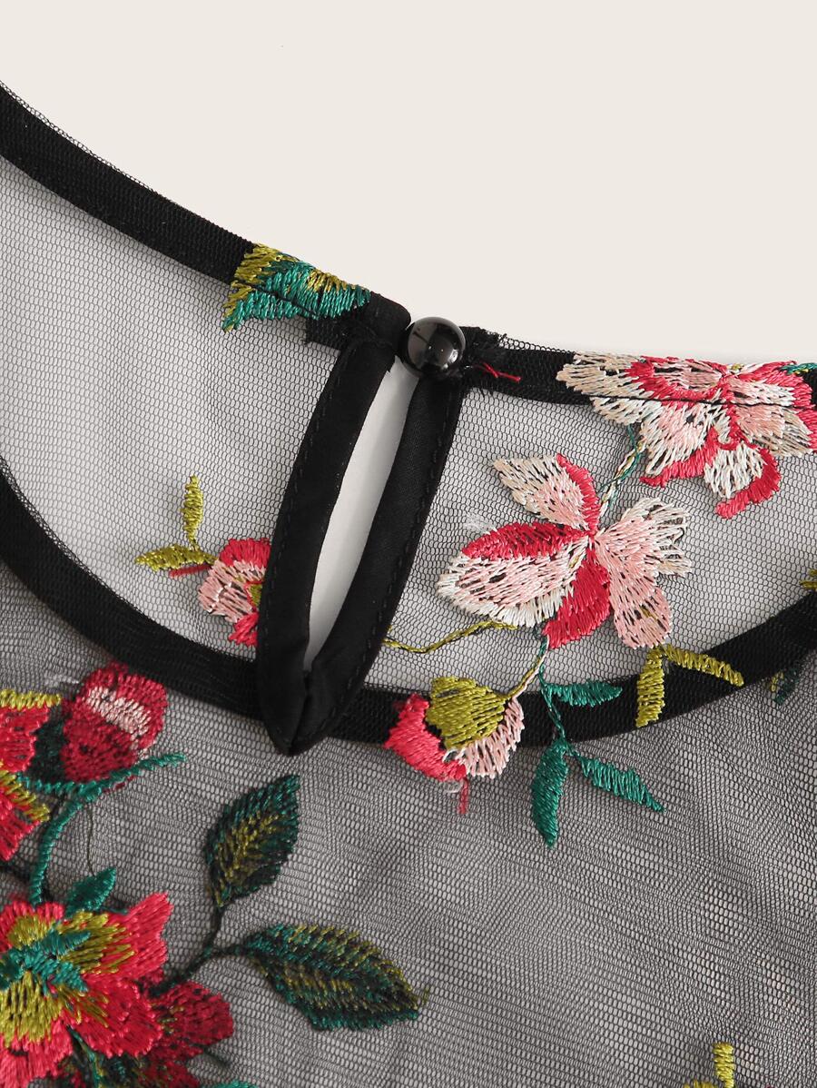 SHEIN Unity Ruffle Cuff Embroidery Mesh Sheer Top | SHEIN USA