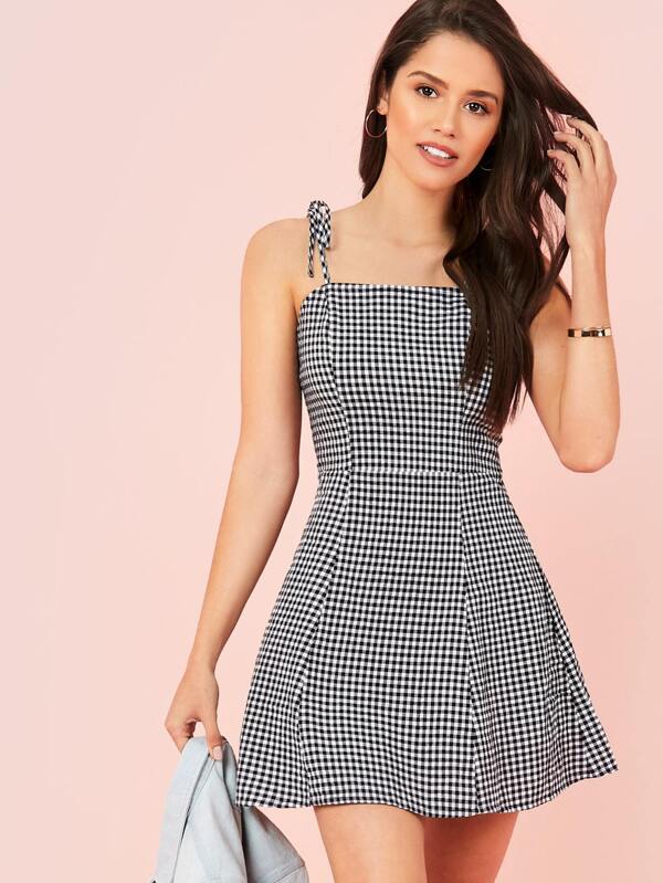 SHEIN Essnce Gingham Self-Tie Cami Mini Dress | SHEIN UK