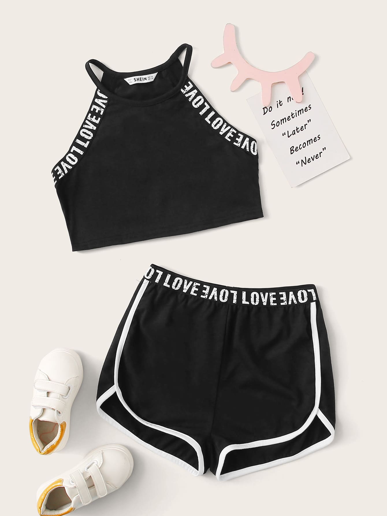SHEIN Girls Letter Tape Halter Top & Contrast Binding Track Shorts Set ...