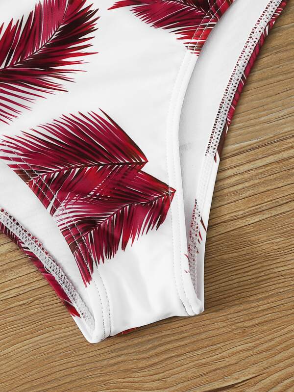 Shein Swim Vcay Leaf Print Bikini Set Tie Front Halter Bra And High