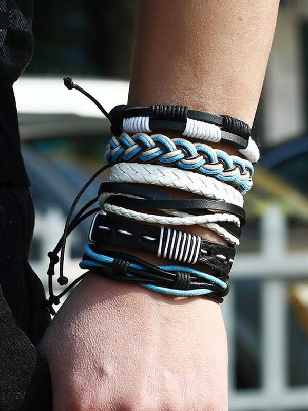 Fashionable and Popular 6pcs Men Braided PU String Bracelet for ...