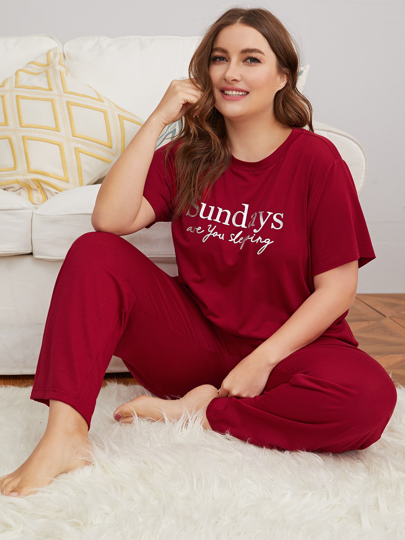 Plus Slogan Graphic Top & Pants PJ Set
