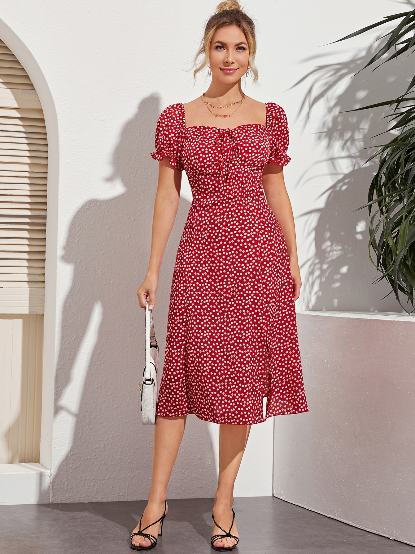 Puff Sleeve Tie Front Ditsy Floral Print Milkmaid Dress | Shein Usa