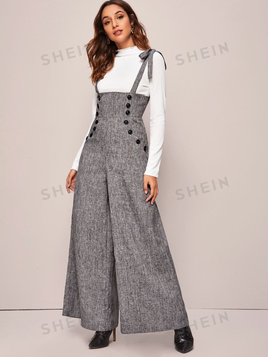 SHEIN Privé Double Breasted Wide Leg Linen Look Suspender Jumpsuit ...