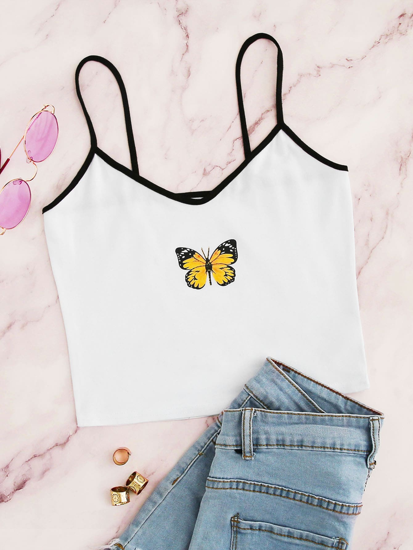 Contrast Binding Butterfly Print Cami Top