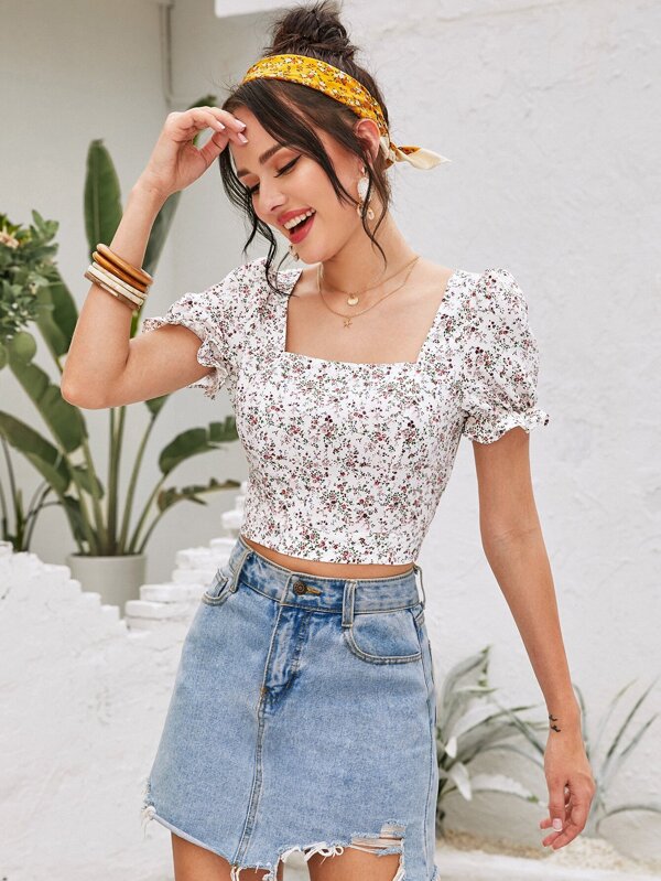 SHEIN Backless Knotted Ditsy Floral Print Top | SHEIN EUR