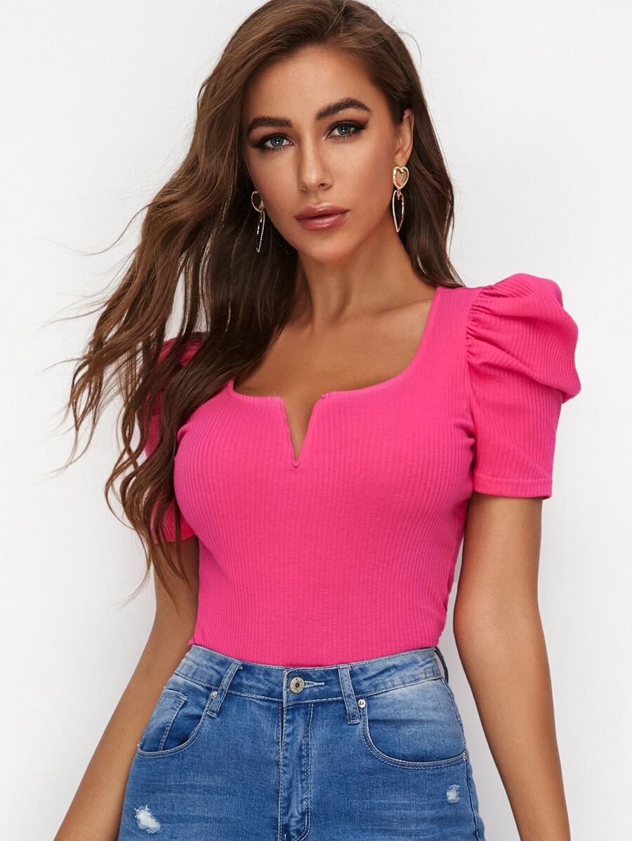 SHEIN Clasi Neon Pink Ribbed Puff Sleeve Top | SHEIN EUR