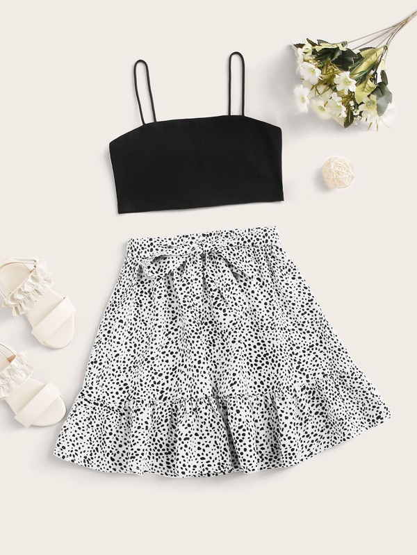 SHEIN Preto e Branco Bainha de Ruffle Gráfico Boho Outfit de Duas Peças ...