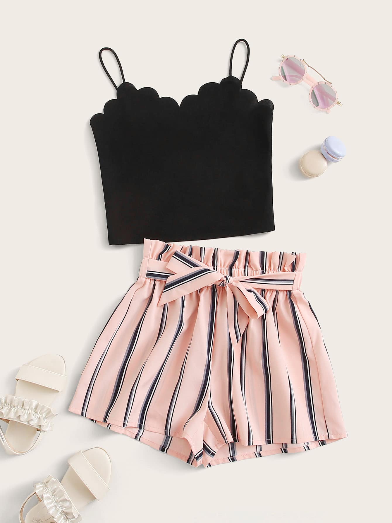 SHEIN Tween Girl Scallop Edge Cami Top And Paperbag Waist Shorts Set ...