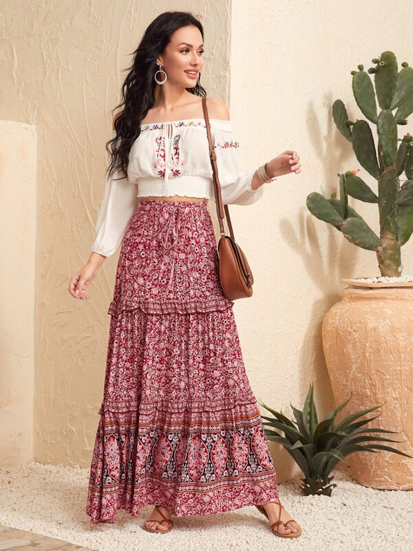 SHEIN Tie Waist Ruffle Trim Floral Print Skirt | SHEIN EUR