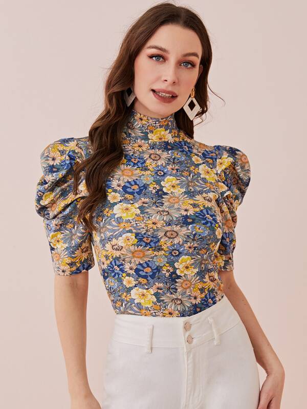 Shein Clasi Mock Neck Puff Sleeve Floral Top Shein Usa