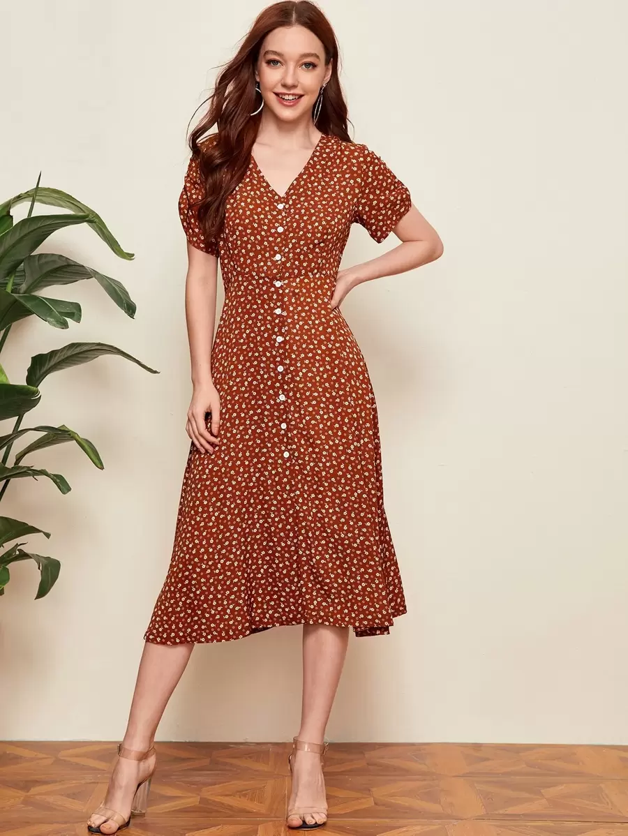 SHEIN VCAY Ditsy Floral Button Front Tea Dress | SHEIN USA