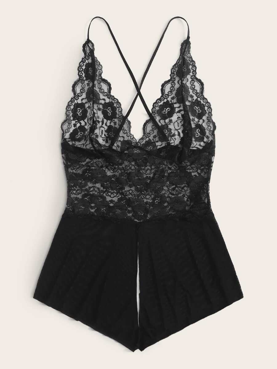Plus Contrast Lace Mesh Crotchless Teddy Bodysuit | SHEIN USA