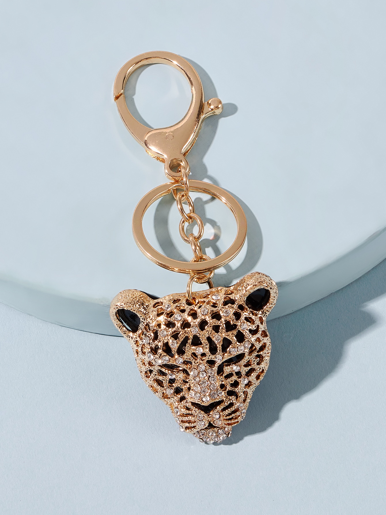 Rhinestone Engraved Tiger Head Charm Keychain