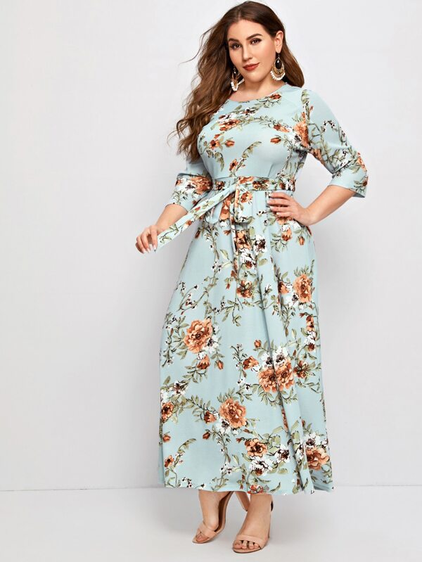 SHEIN Clasi Plus Floral Print Self Belted Dress | SHEIN USA