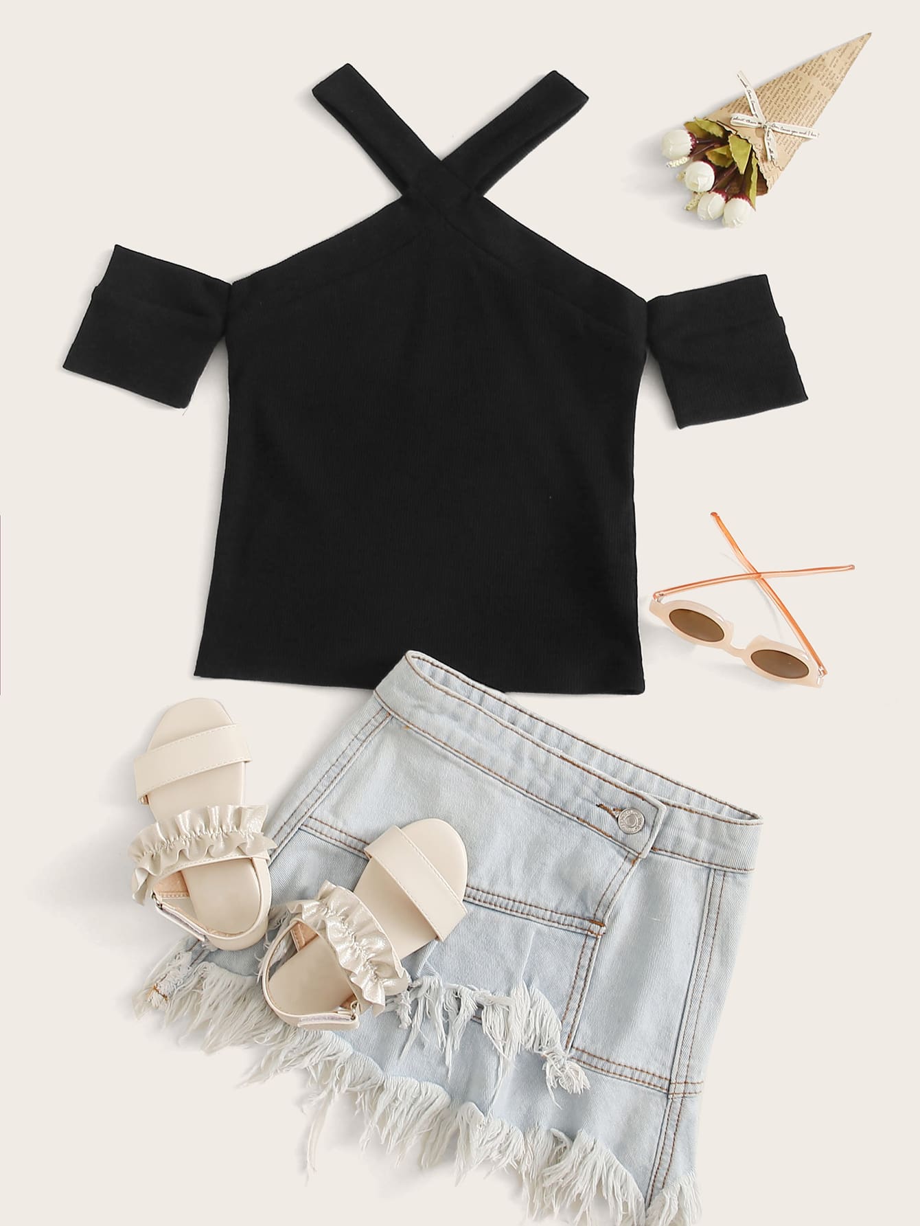 Girls Cold Shoulder Crisscross Halter Top