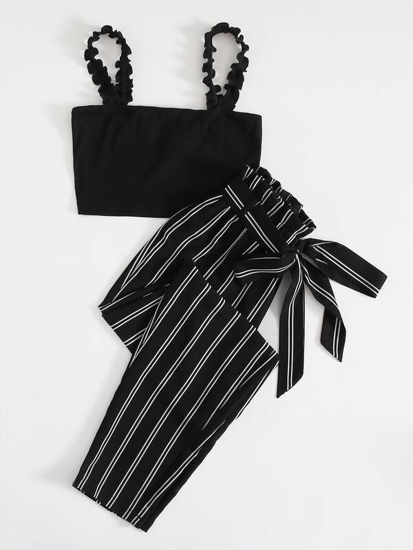 Shein Vcay Frill Trim Strap Cami Top And Paperbag Waist Striped Trousers