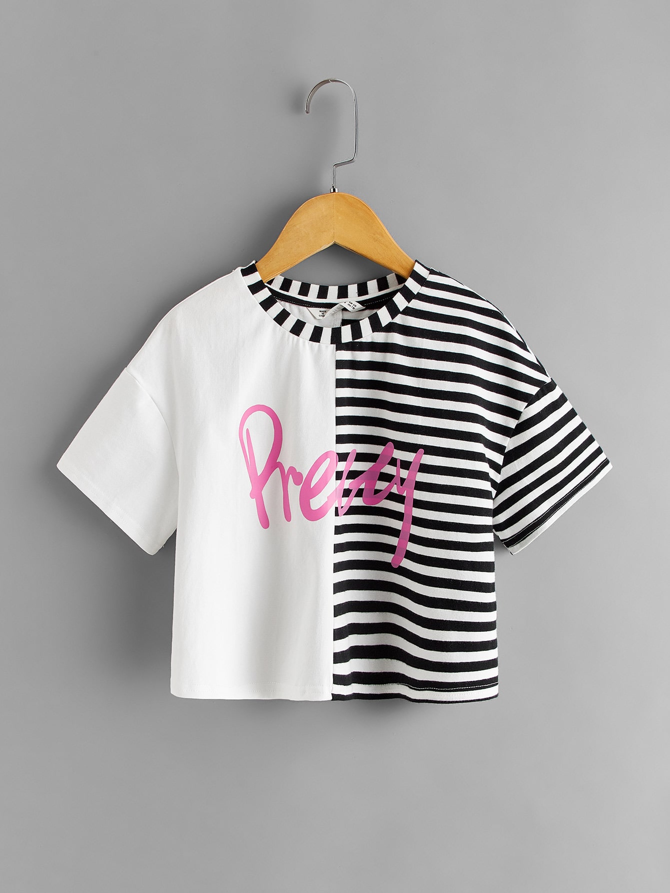 Girls Letter Graphic Striped Spliced Top