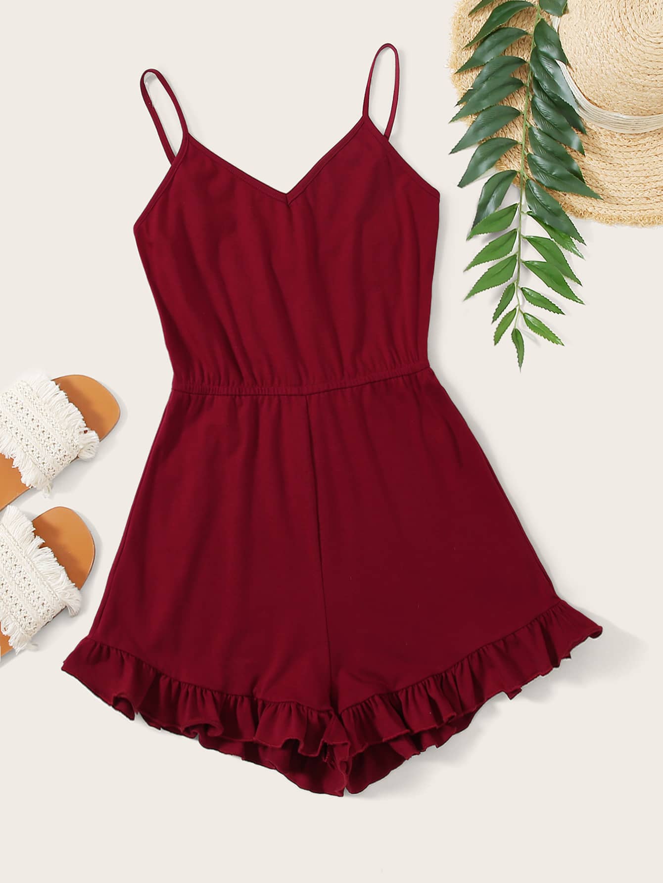 Solid Ruffle Hem Cami Romper