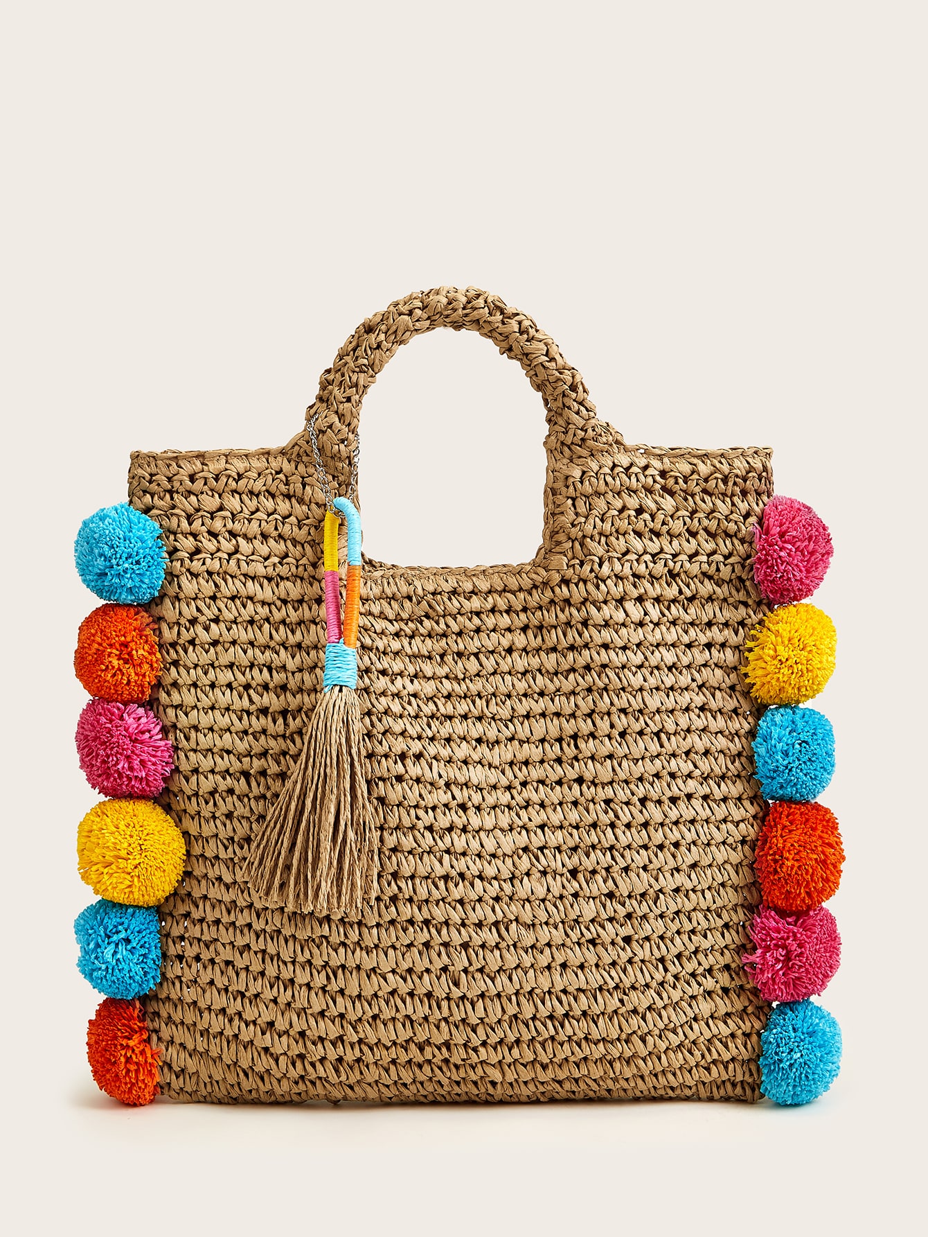 Colorful Pom-pom Trim Woven Satchel Bag