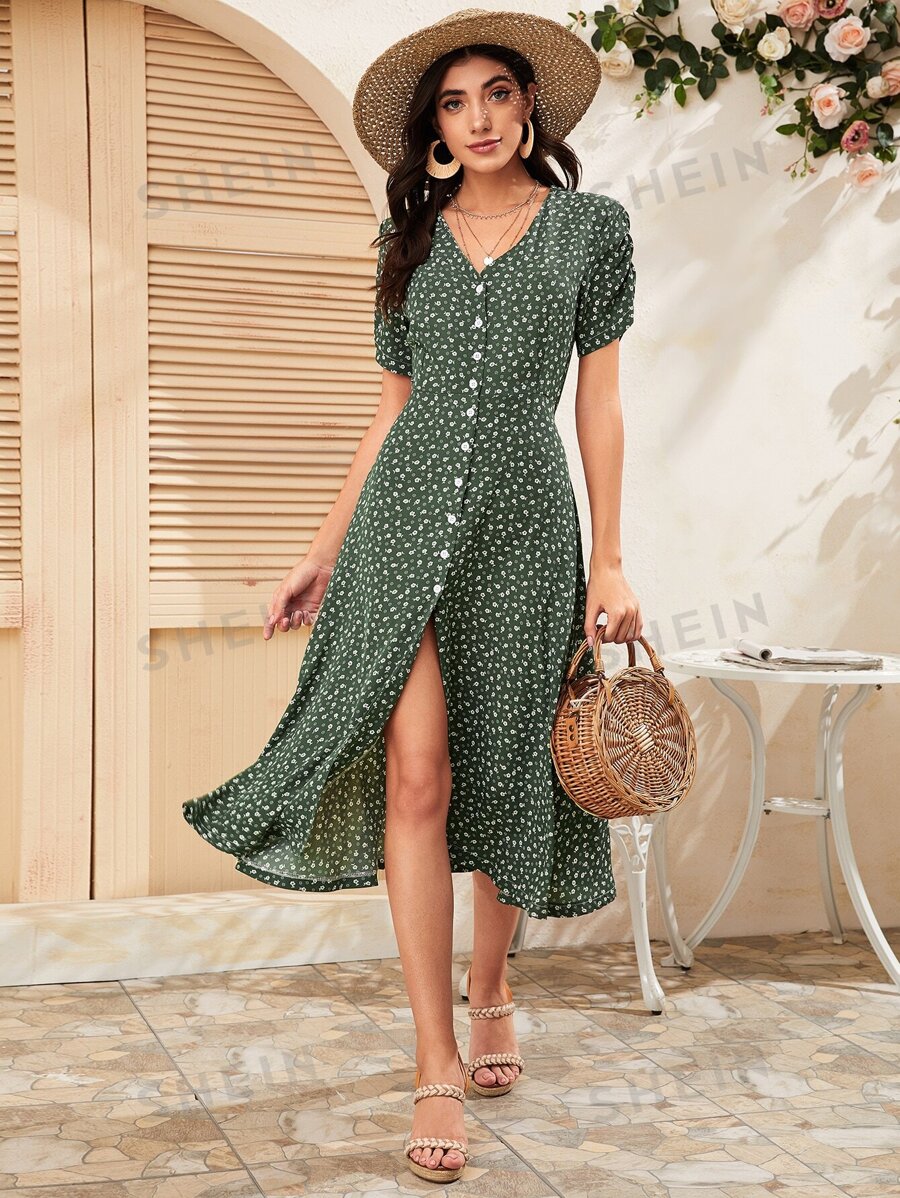 SHEIN Mulvari Verde Frente do botão Floral Boho Vestido | SHEIN PT