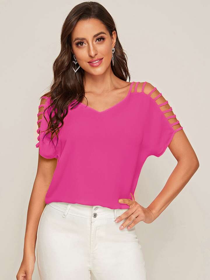 SHEIN LUNE Double V Neck Laddering Cut Shoulder Top | SHEIN UK