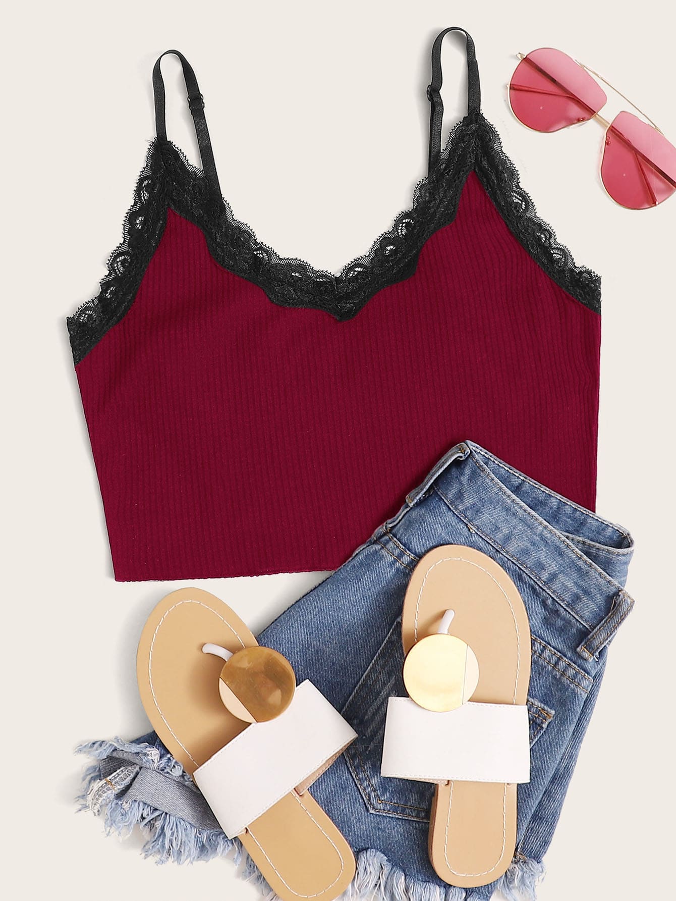 Contrast Lace Trim Crop Cami Top
