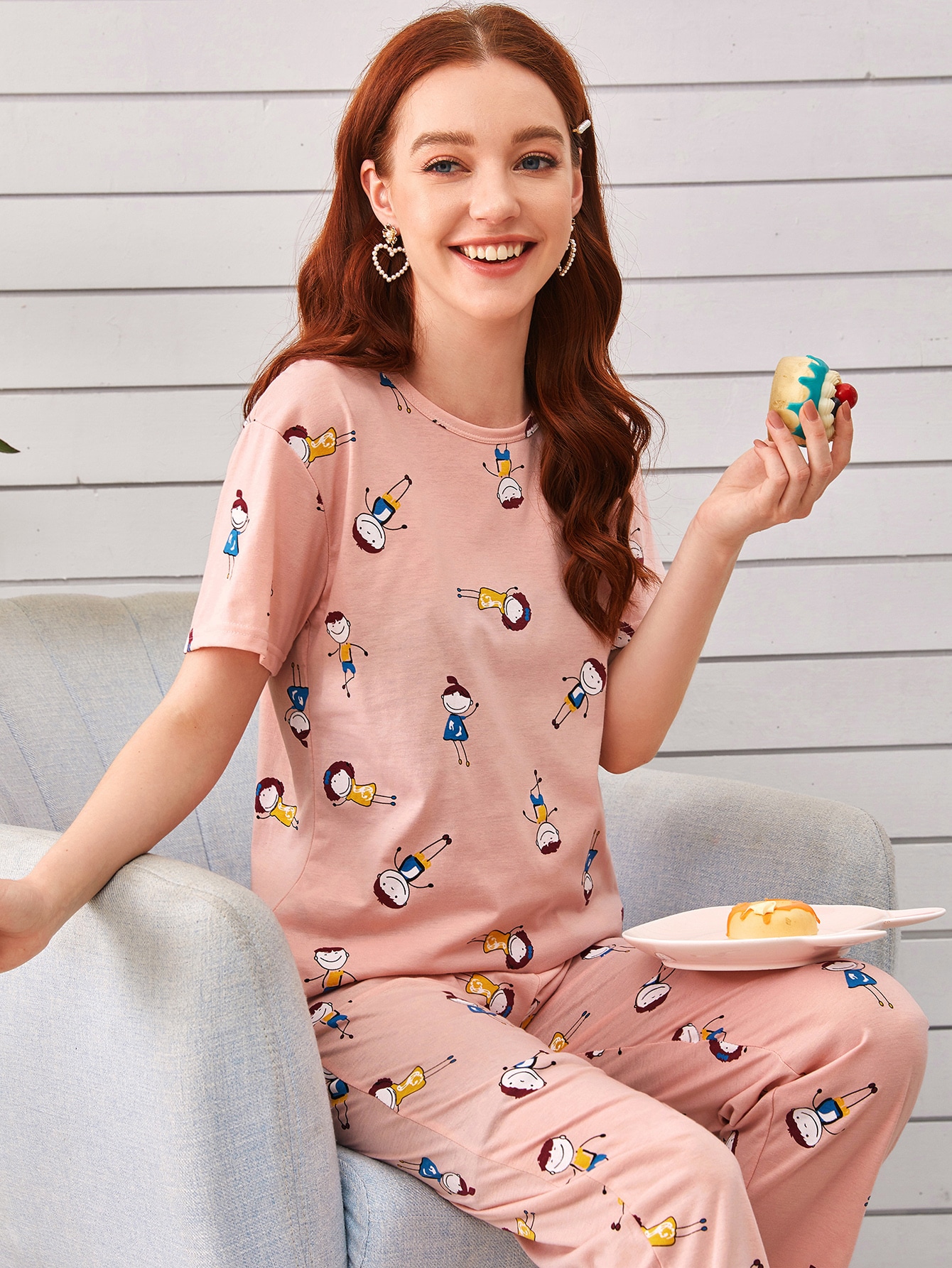 Allover Cartoon Figure Graphic PJ Set