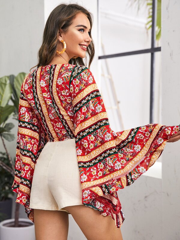 SHEIN Multicolorido Plissado Floral Boho Top | SHEIN Brasil