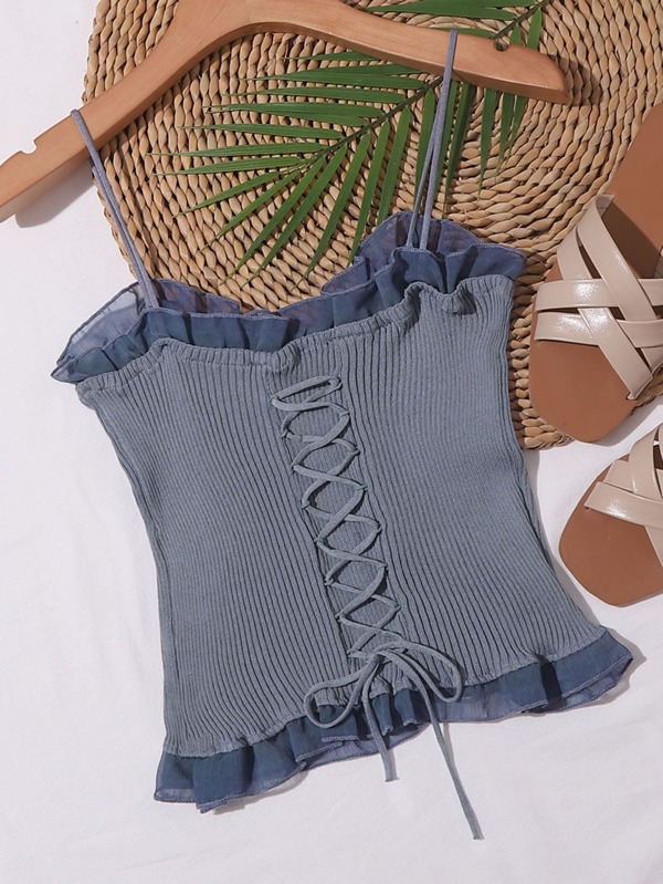 Lace Up Knot Mesh Frill Trim Rib Knit Top Shein Usa