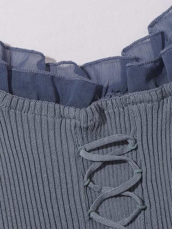 Lace Up Knot Mesh Frill Trim Rib Knit Top Shein Usa