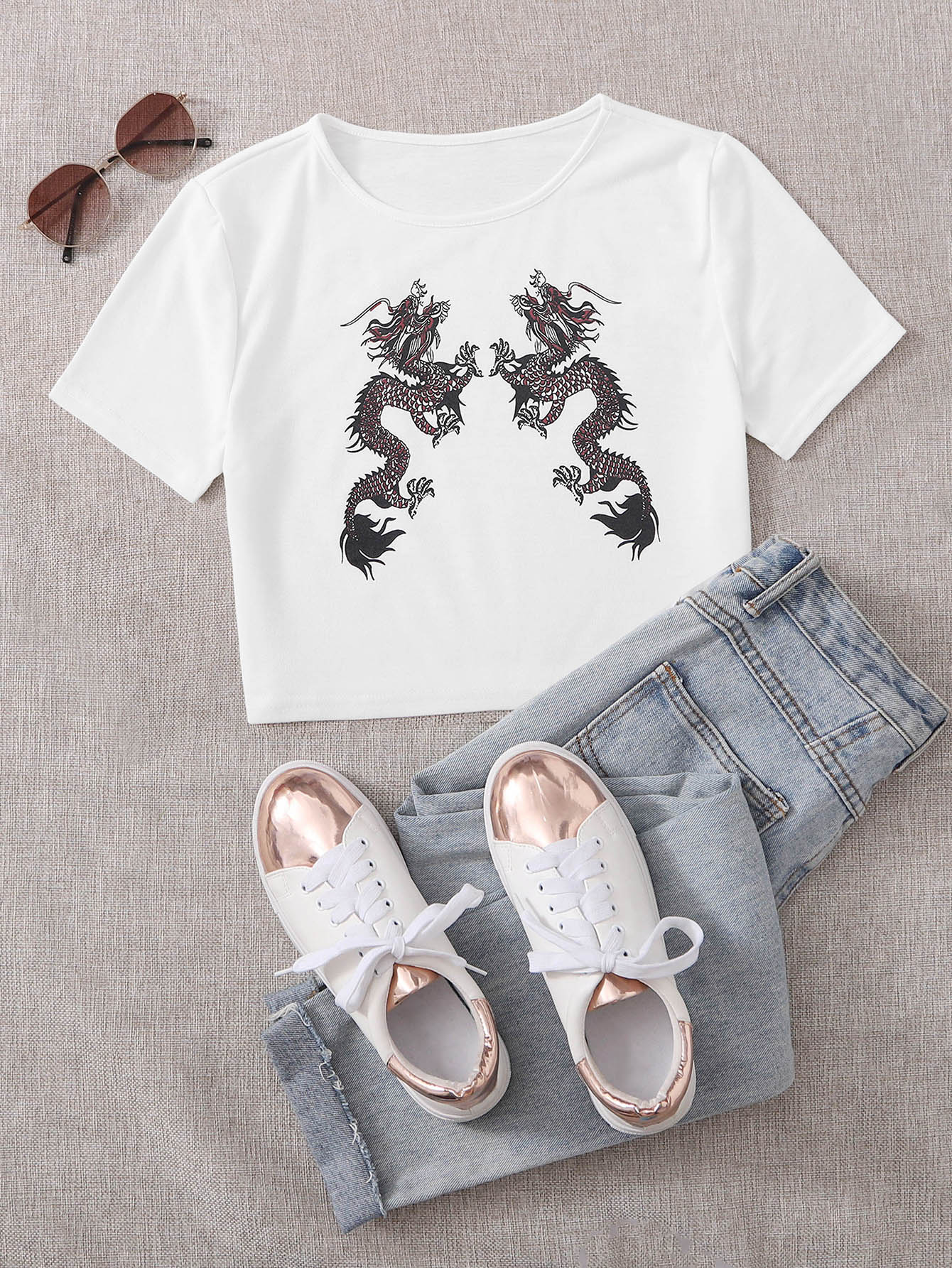 Dragon Print Crop Tee | SHEIN USA