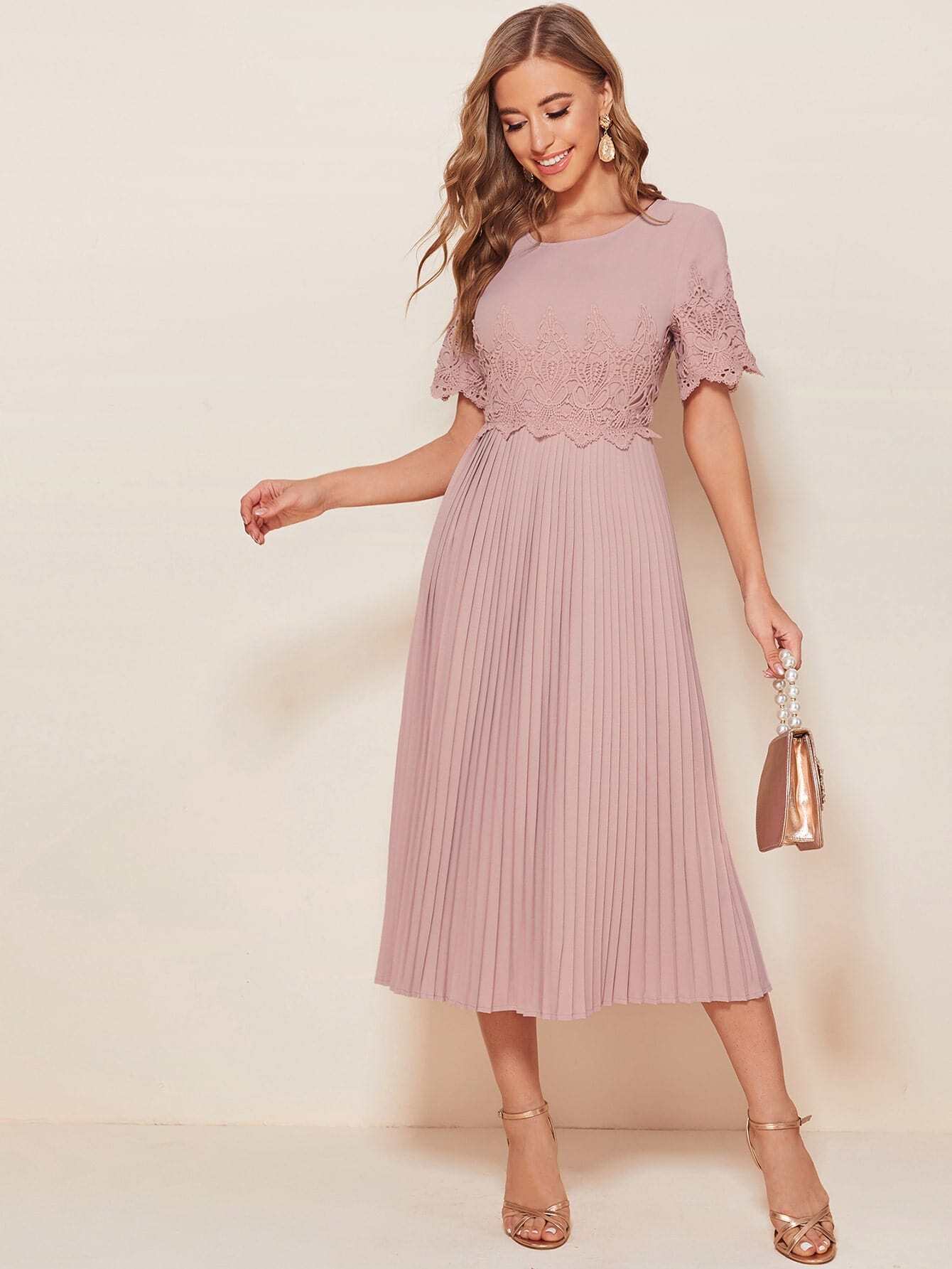 Shein Modely Guipure Lace Accordion Pleated Midi Dress Shein Usa
