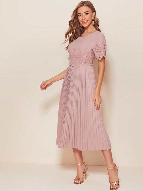 Shein Modely Guipure Lace Accordion Pleated Midi Dress Shein Usa