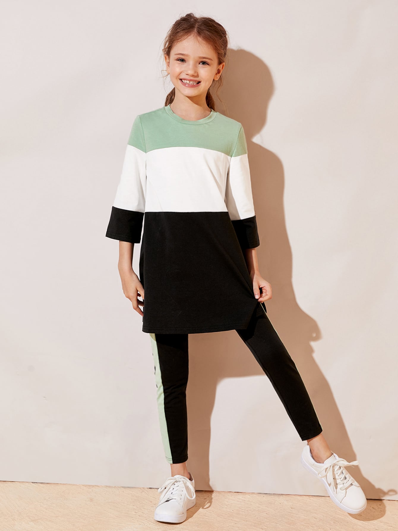 Shein Girls Colourblock Top And Contrast Side Seam Leggings Set Shein Uk