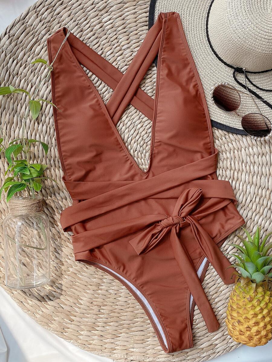 SHEIN Swim Summer Beach Knot Front Plunging One-Piece Swimsuit Bathing ...