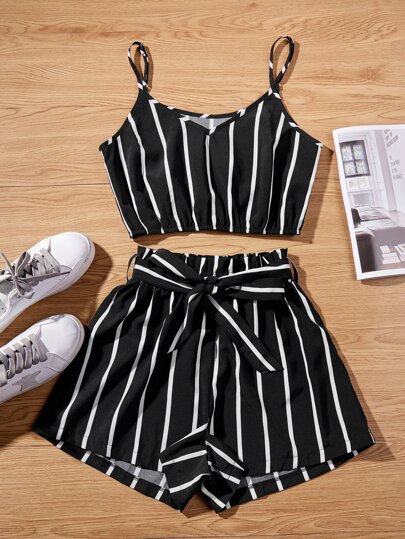 Search Striped Belted Paperbag Shorts Shein Usa